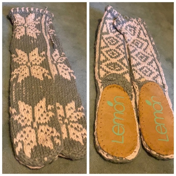 Lemon | Shoes | Lemon Knitted High Tall Pink Gray Slipper Socks ...